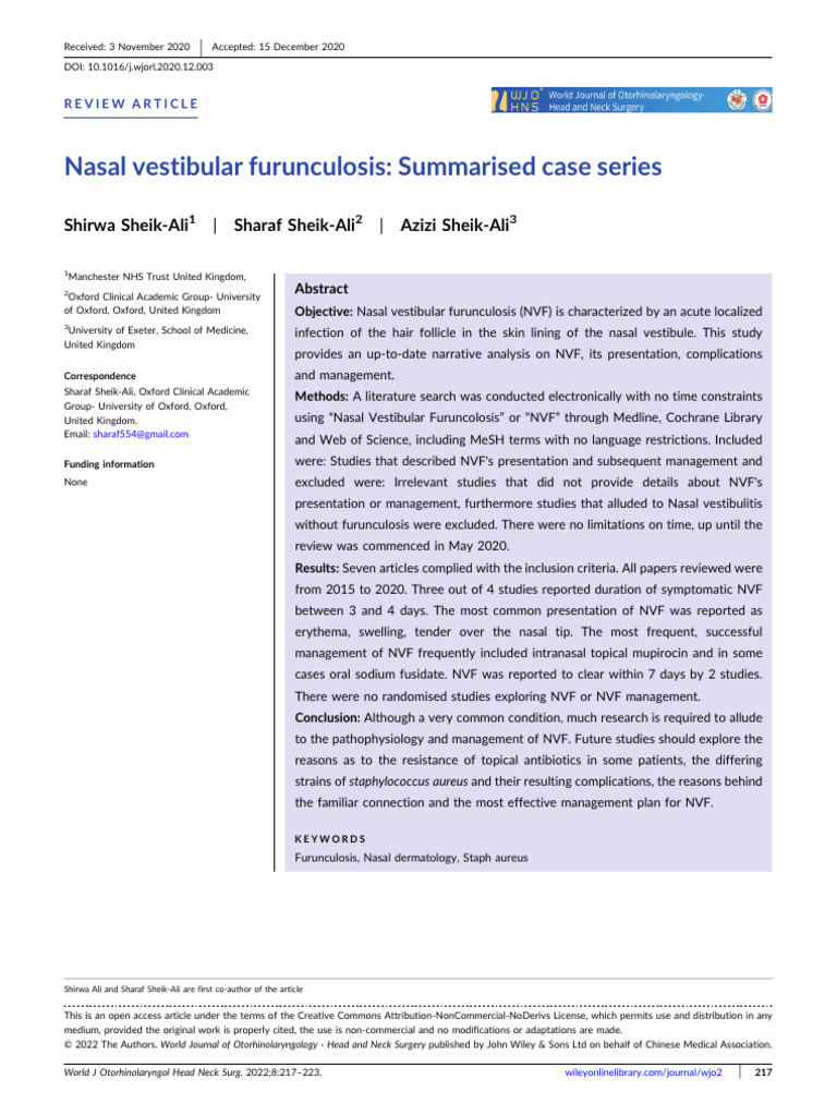 Nasal Vestibular Furunculosis Overview | PDF | Staphylococcus ...