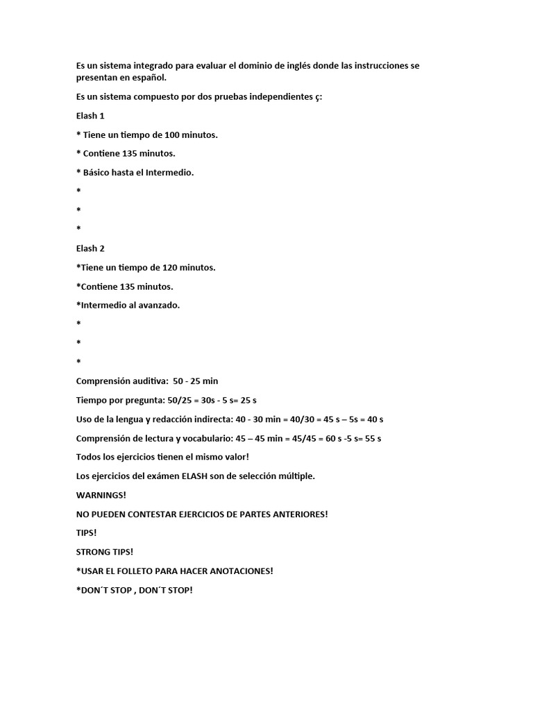 Evaluación ELASH: Inglés con Instrucciones en Español | PDF