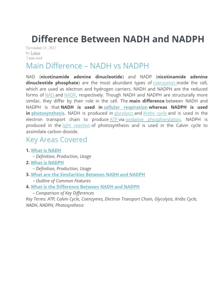 Difference Between NADH and NADPH | PDF | Nicotinamide Adenine ...
