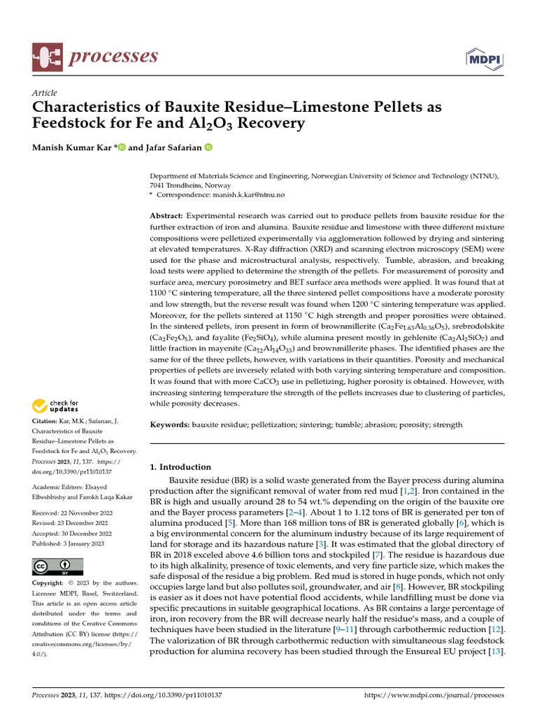 Characteristics of Bauxite Residue-Limestone Pellets | PDF | Sintering ...