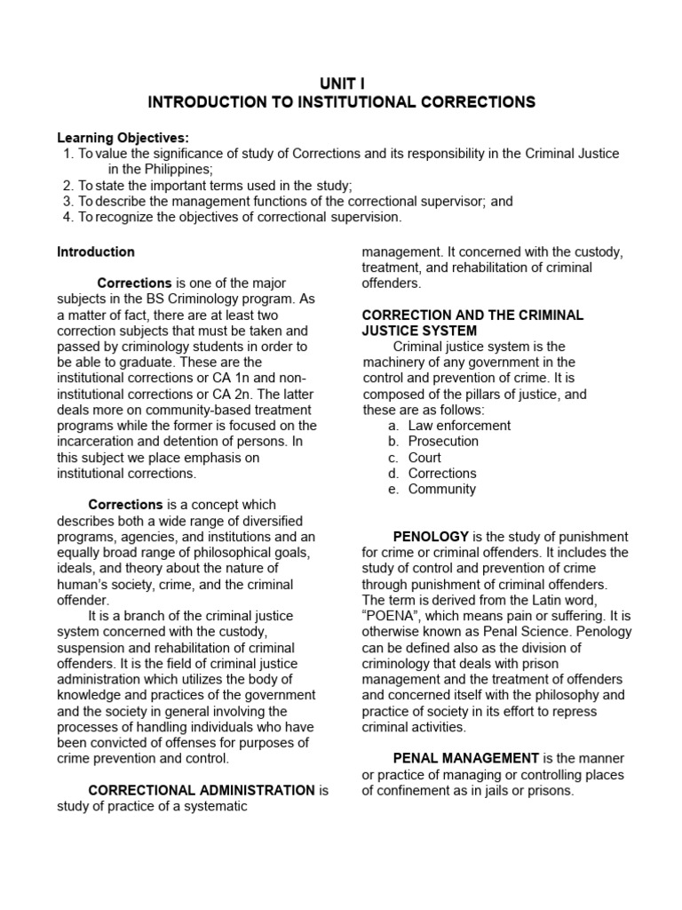 Unit I Introduction To Institutional Corrections: Learning Objectives ...