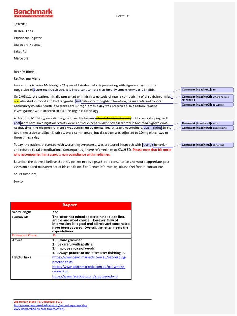Yuxiang Meng Benchmark Solution Oet Writing Task Practice With Corretion | PDF | Mania | Delusion