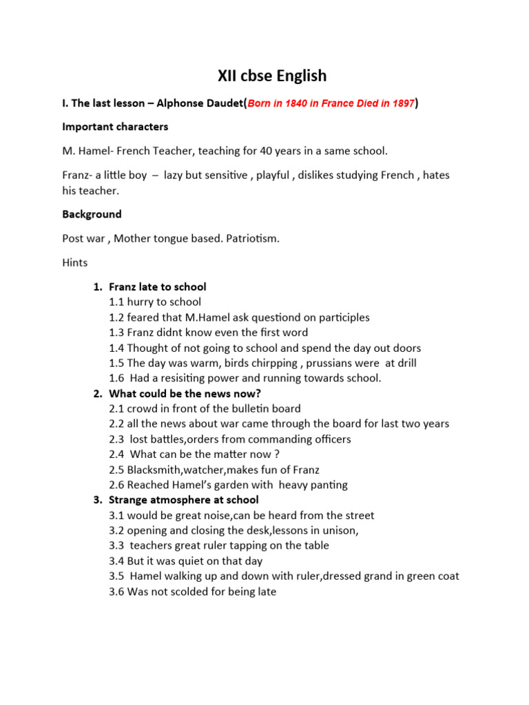 Last French Lesson Summary and Analysis | PDF