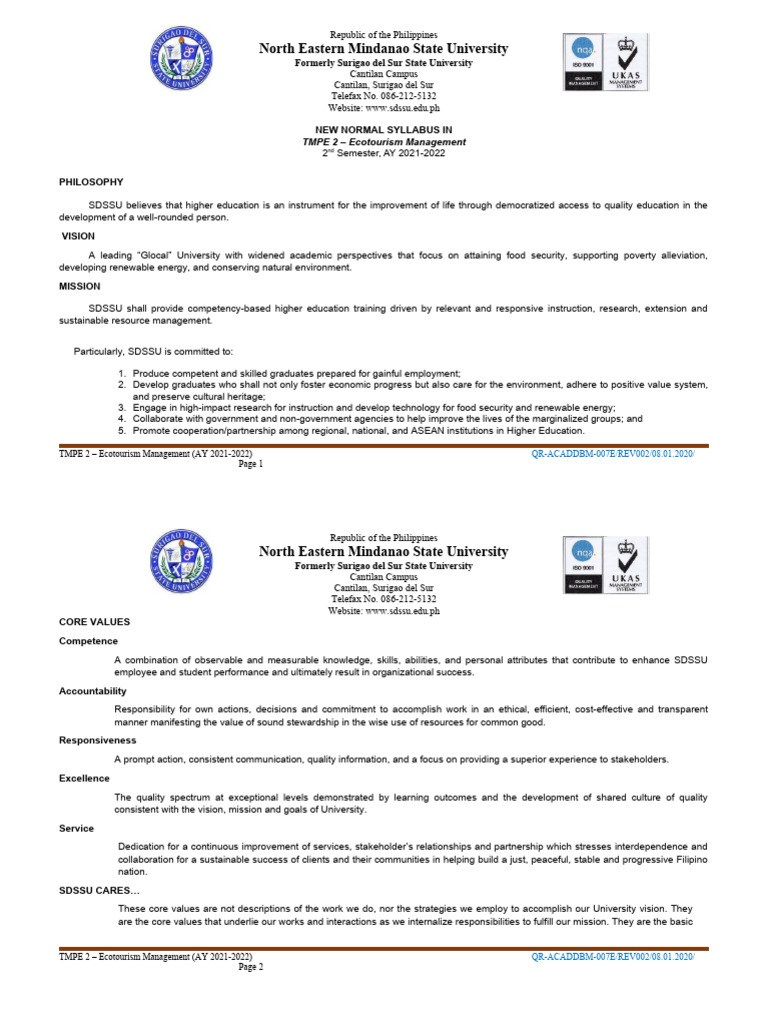 TMPE 2 Ecotourism MGT Syllabus '21 | PDF | Learning | Educational ...