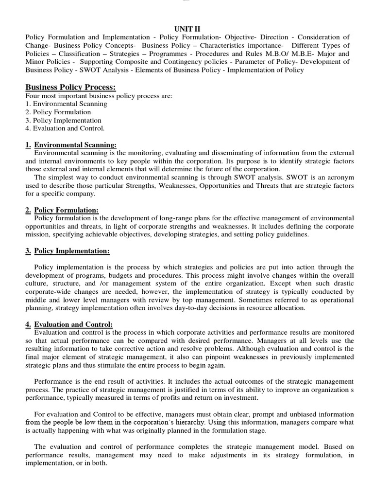 BPSM Unit 2 | PDF | Strategic Management | Policy