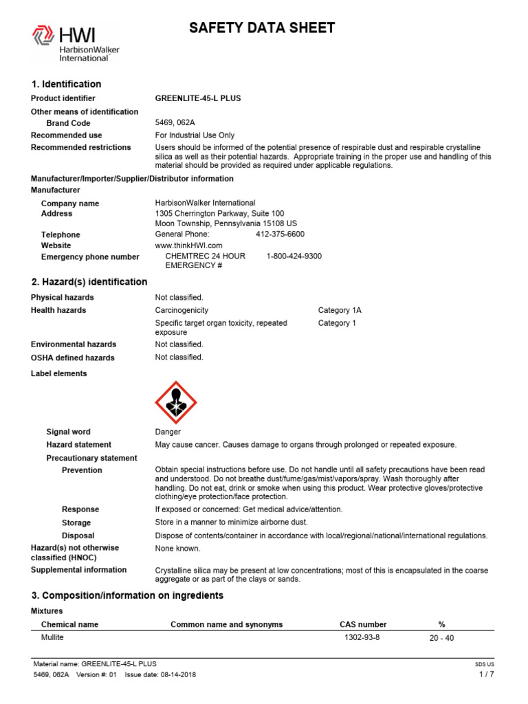5469 Greenlite 45 L Plus (Usa) | PDF | Silicon Dioxide | Dangerous Goods