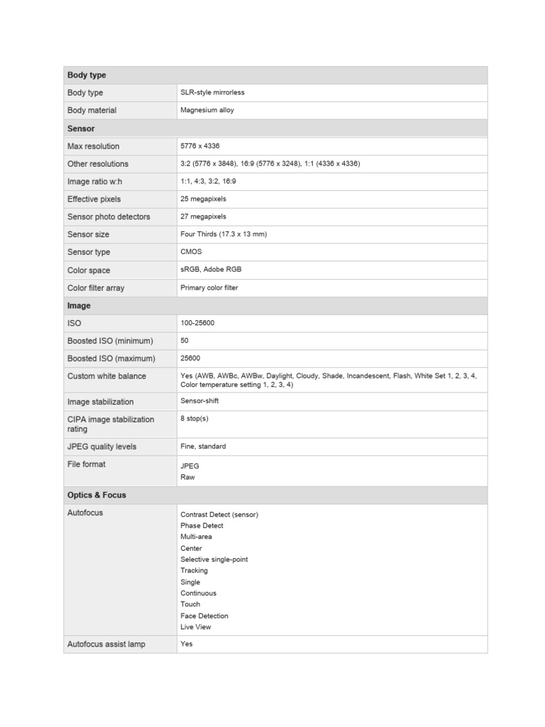 Panasonic G9 II Camera Specifications | PDF | Pixel | Image Stabilization