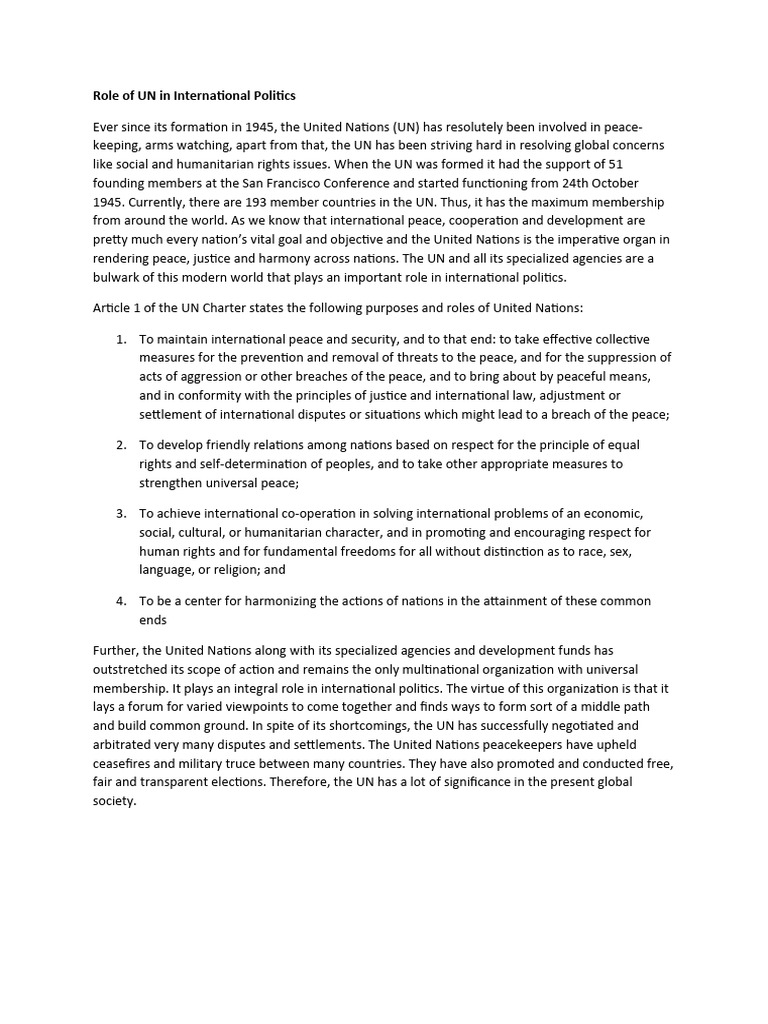 UN's Role in Global Peace and Politics | PDF | United Nations ...