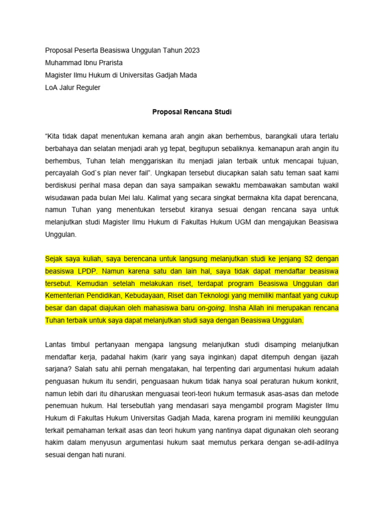Proposal Rencana Studi Peserta Beasiswa Unggulan Tahun 2023 (Review) | PDF