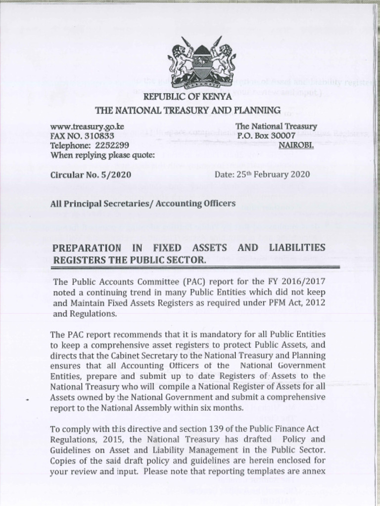 Circular No.5 2020 On Preparation in Fixed Assets and Liabilities Registers The Public Sector | PDF