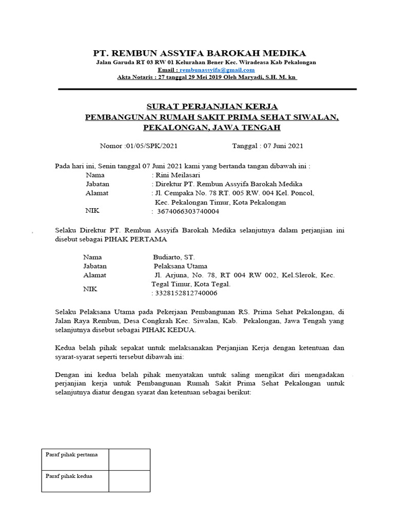 Surat Perjanjian Kerja Rs. Prima Sehat | PDF