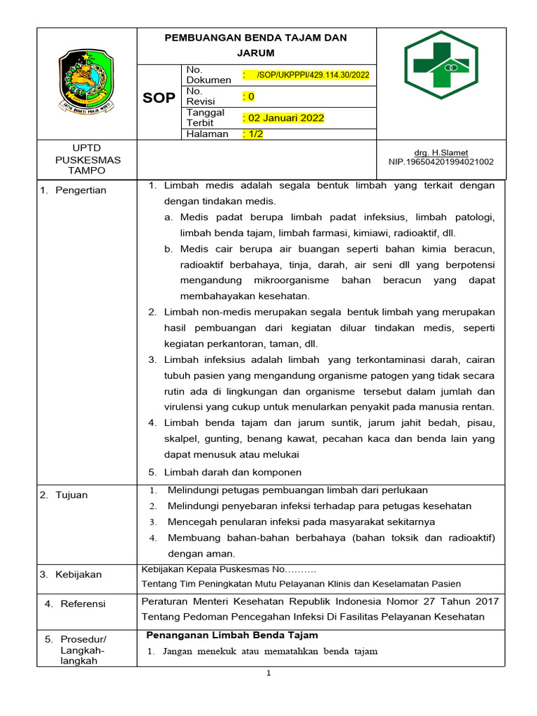 551.1. SOP Penanganan Jarum Dan Benda Tajam 2022 - Tampo | PDF