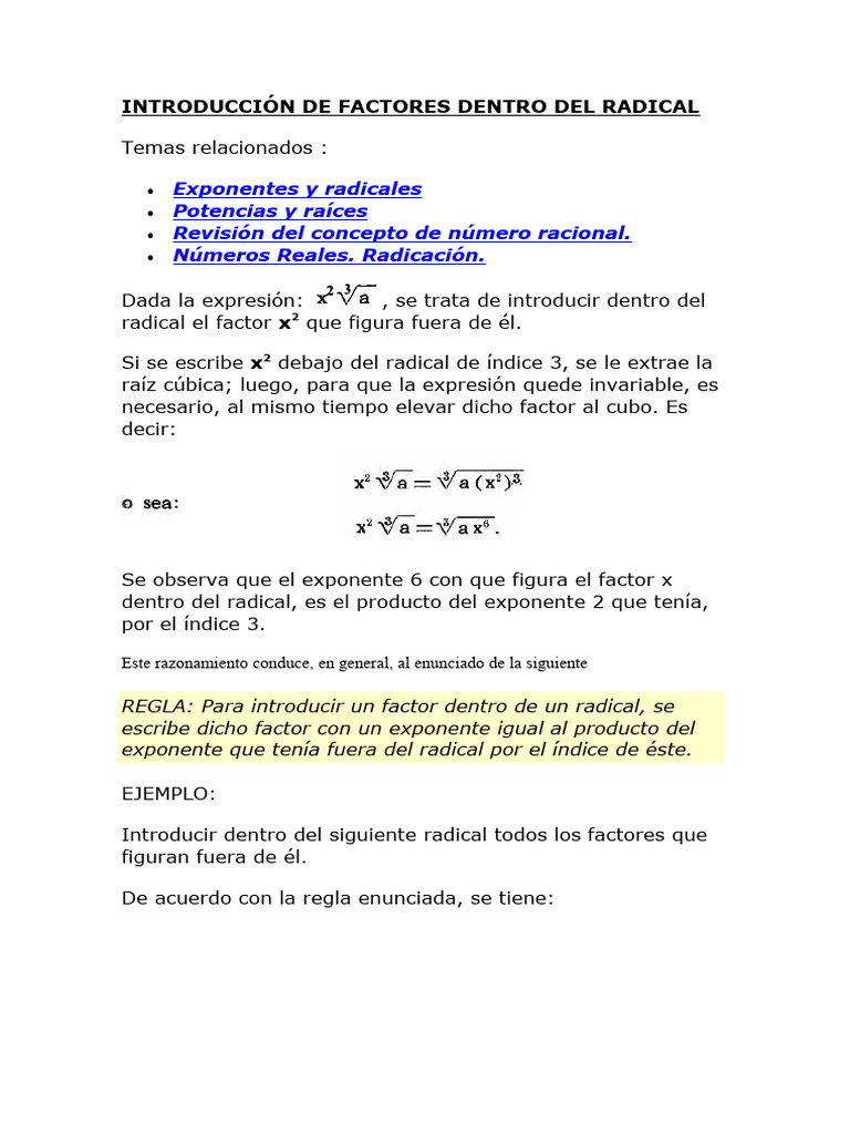 Introducción de Factores Dentro Del Radical | PDF | División (Matemáticas) | Multiplicación