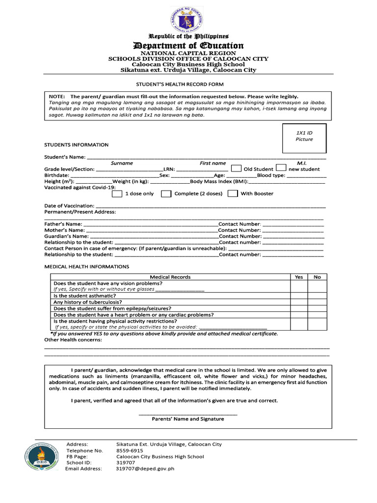 Ccbhs Students Health Record Form 2 | Download Free PDF | Public Health ...