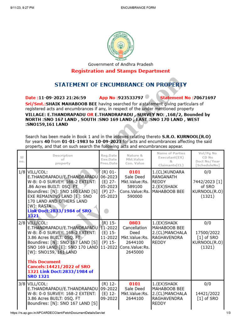 Encumbrance Form-Kurnool | PDF | Law And Economics | Property Law