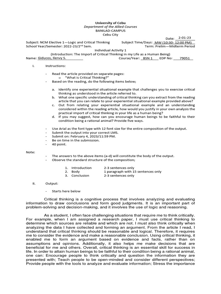 Individual Activity 1 - Giducos I | PDF | Critical Thinking | Thought