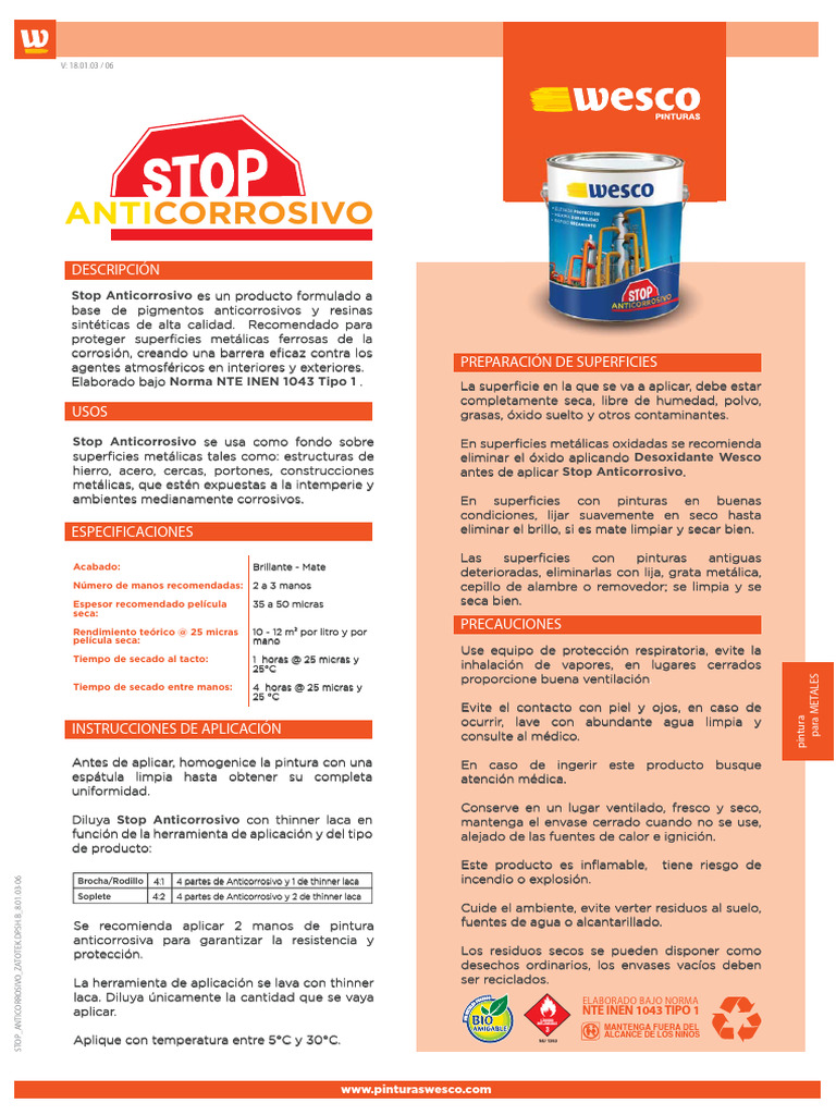 w4xx Ficha Tecnica Wesco Stop Anticorrosivo | PDF | Sustancias químicas | Química
