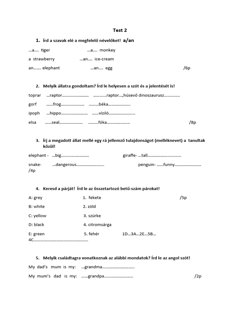 Angol Test2 (4.osztály) | PDF