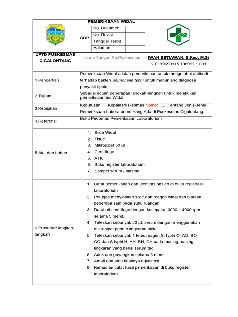 Sop Pemeriksaan Widal | PDF | Sains & Matematika