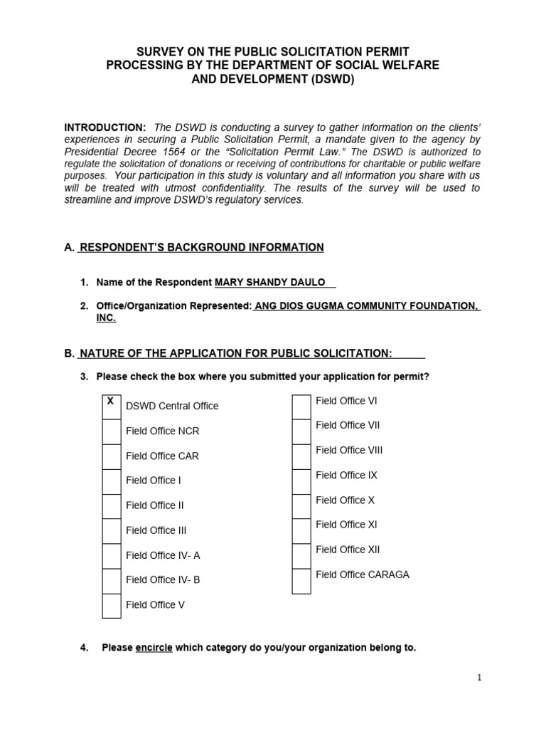 DSWD Public Solicitation Permit Survey | PDF | Fundraising | Notary Public