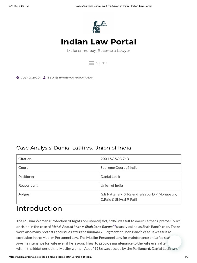 Case Analysis - Danial Latifi vs. Union of India - Indian Law Portal ...