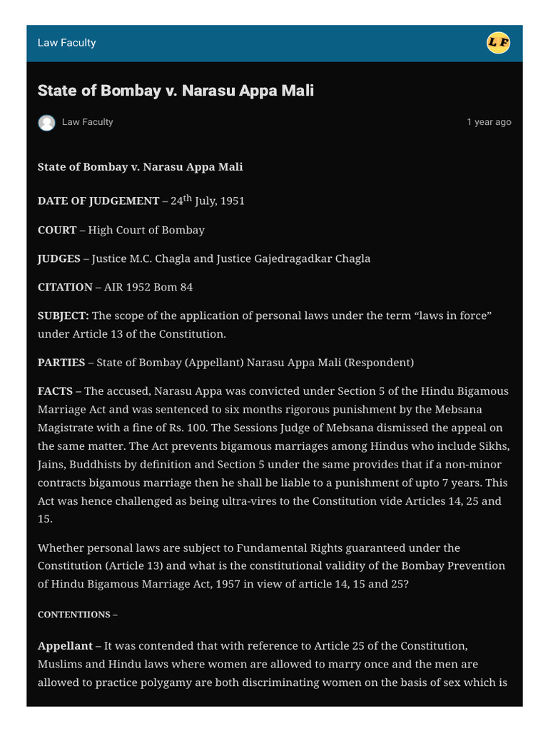 State of Bombay v. Narasu Appa Mali Law Faculty. | PDF | Polygamy ...