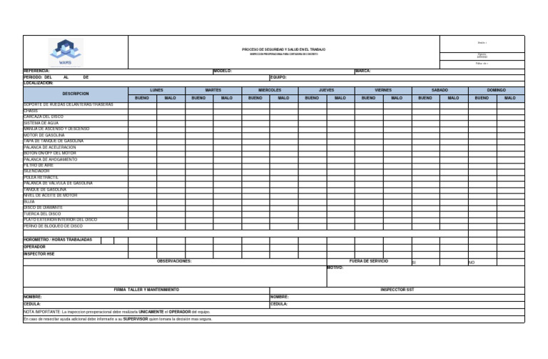 Inspeccion Preoperacional para Cortadora de Concreto | PDF | Vehículo ... Inspeccion Preoperacional para Cortadora de Concreto | PDF | Vehículo ...