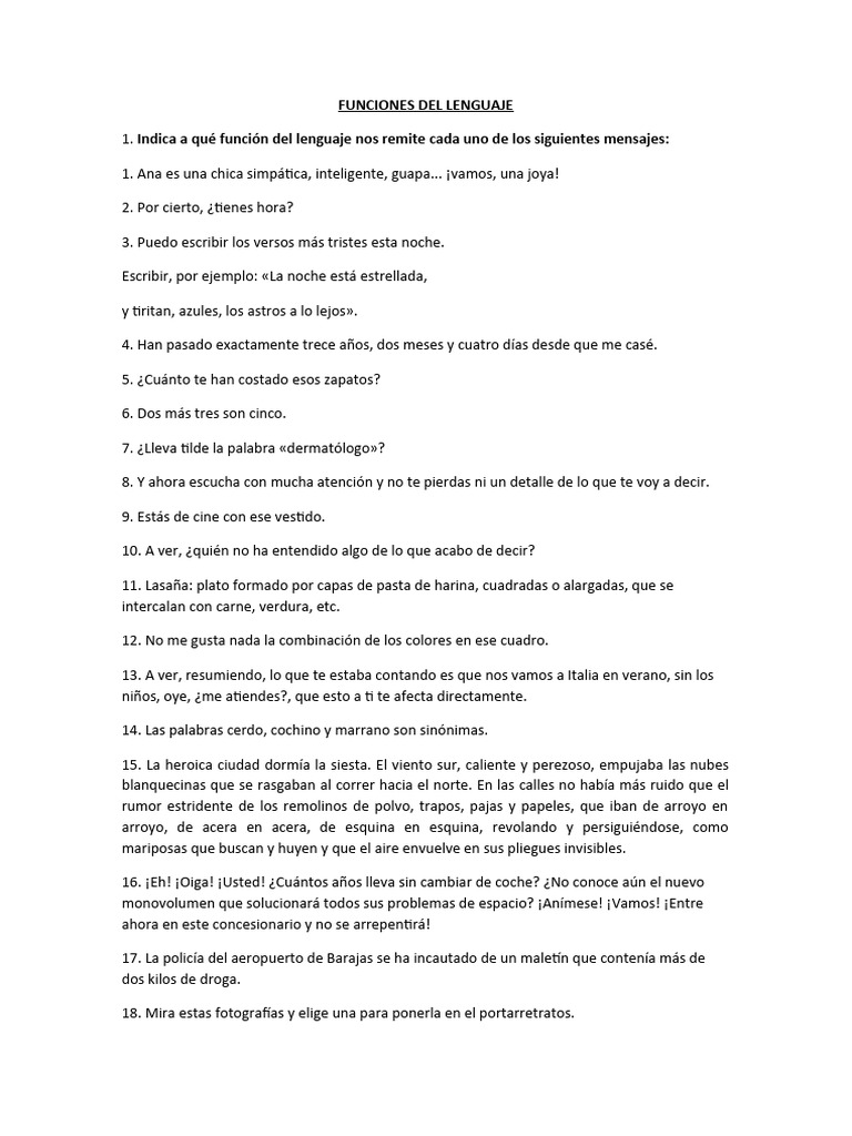 Ejercicio Funciones Del Lenguaje | PDF | Unidades Semánticas | Lingüística