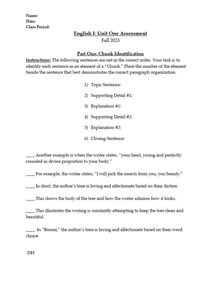 English I Unit One Assessment Study Guide | PDF | Subject (Grammar)