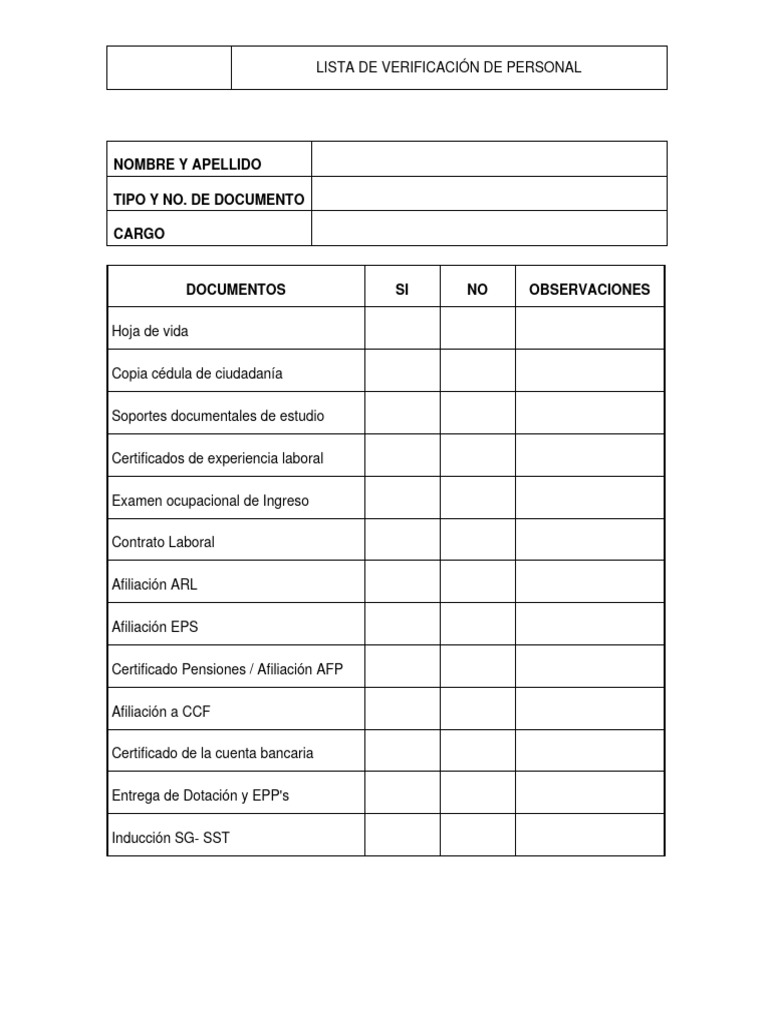 Lista Verificación Personal | PDF