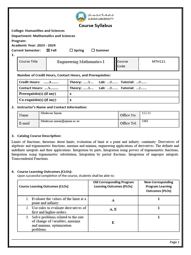 Eng. Math I-MTH121 Course Syllabus | PDF | Integral | Function (Mathematics)
