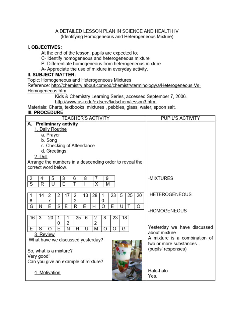 Lesson Plan: Mixtures in Science IV | PDF | Mixture | Homogeneity And ...