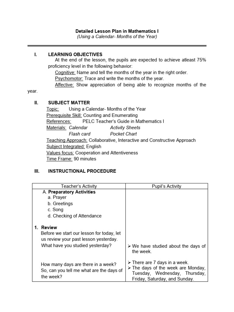 DETAILED LESSON PLAN IN MATHEMATICS 1 Do | PDF | Lesson Plan | Behavior ...