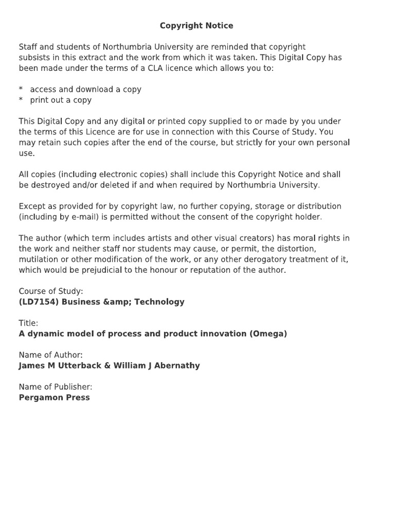 Utterback - A Dynamic Model of Process and Product Innovation | PDF