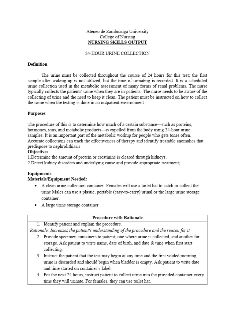 Nso 24 Hour Urine Collection-Formilleza | PDF | Kidney | Urination