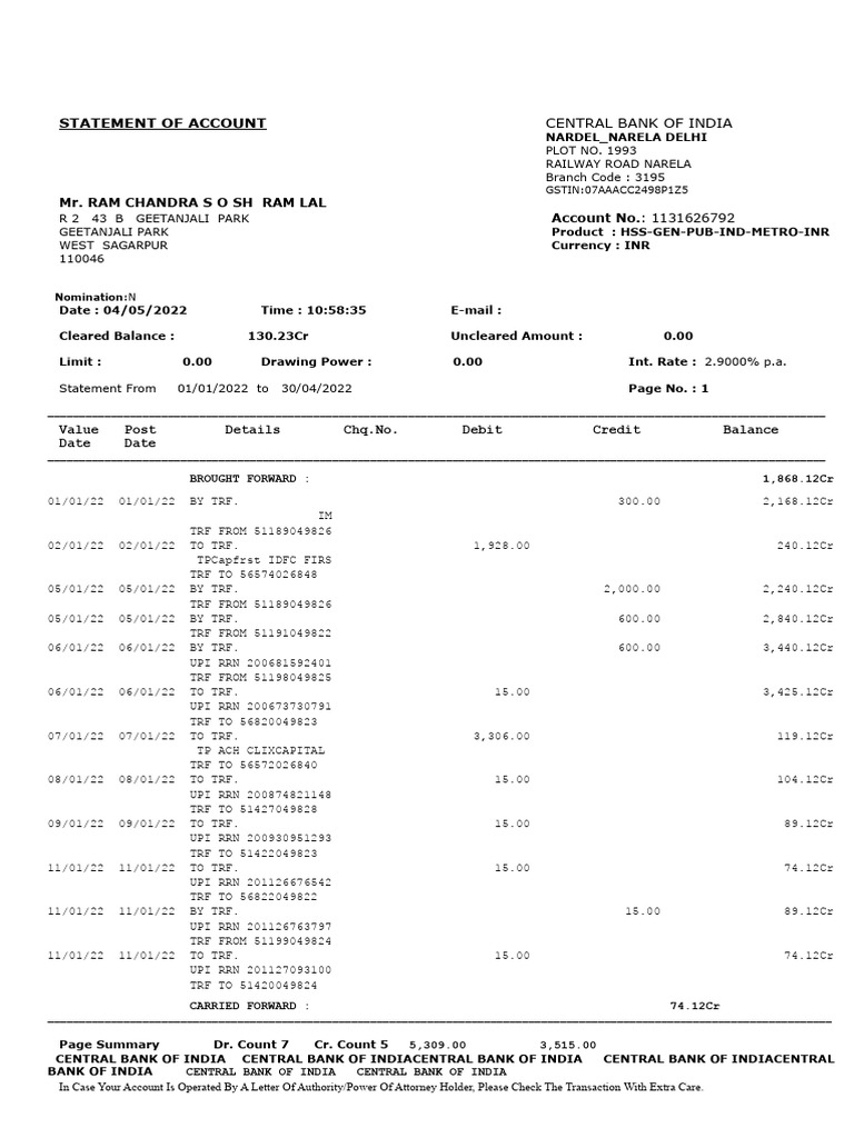 Statement of Account: Mr. Ram Chandra S O SH Ram Lal Account No ...