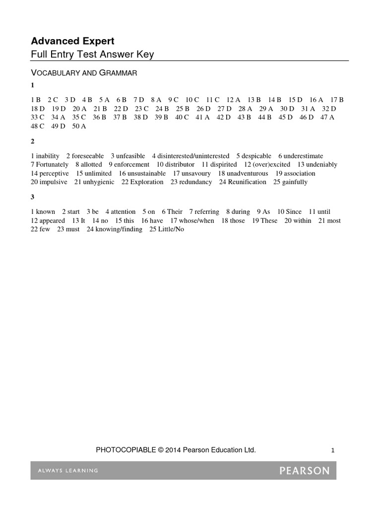 Advanced Test Answer Key | PDF