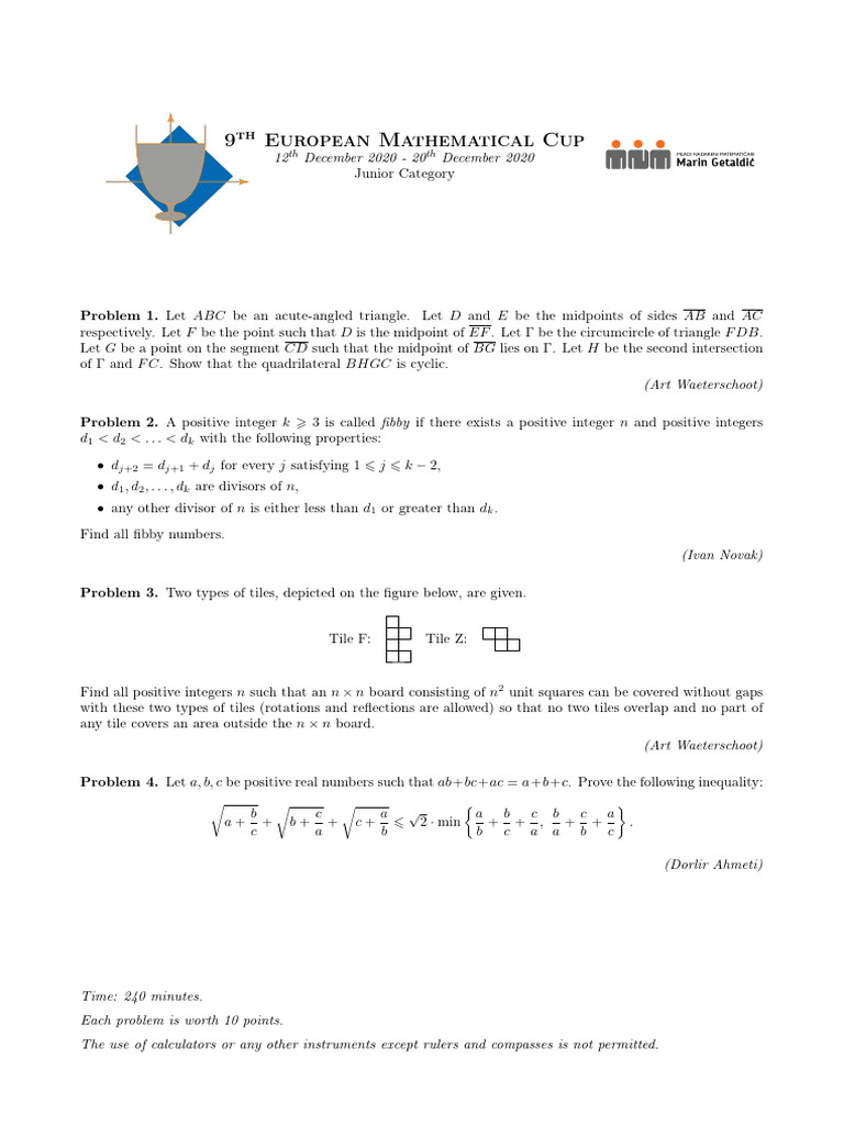 EMC 2020 Juniors ENG-2 | PDF | Elementary Mathematics | Triangle Geometry