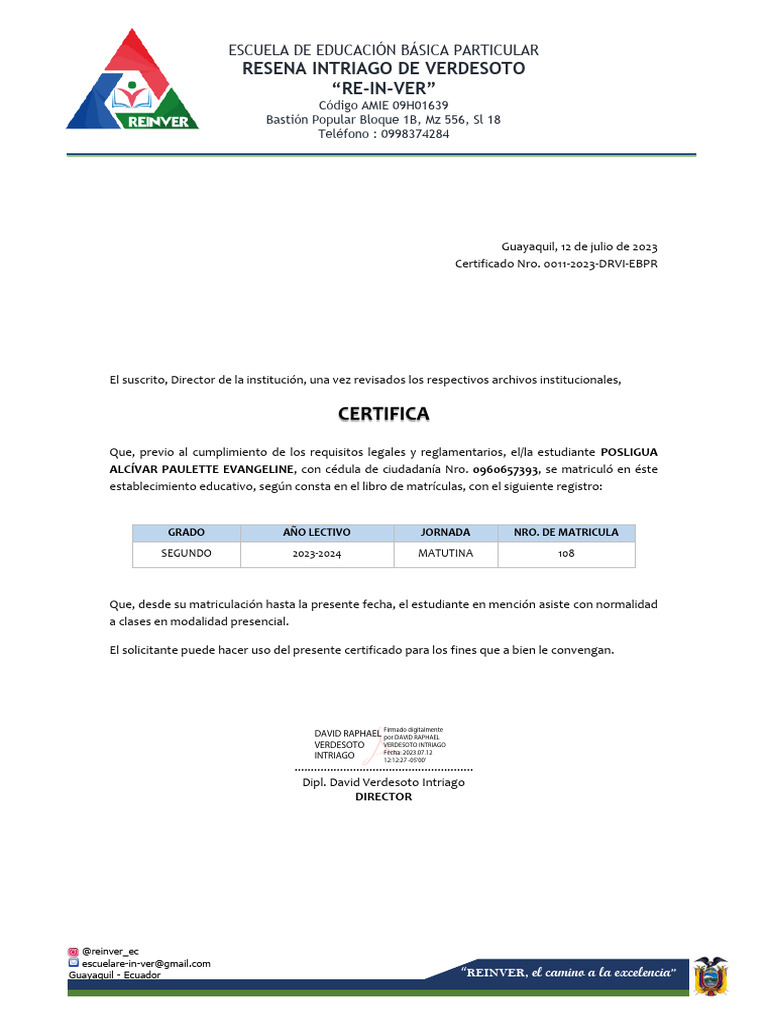Certificado de Matricula 0011 | PDF