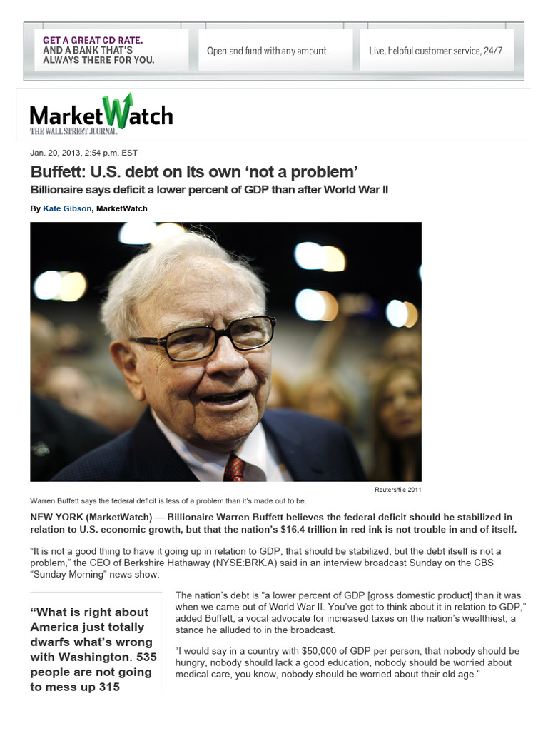 Buffett: U.S. Debt On Its Own Not A Problem' - MarketWatch | PDF ... Buffett: U.S. Debt On Its Own Not A Problem' - MarketWatch | PDF ...