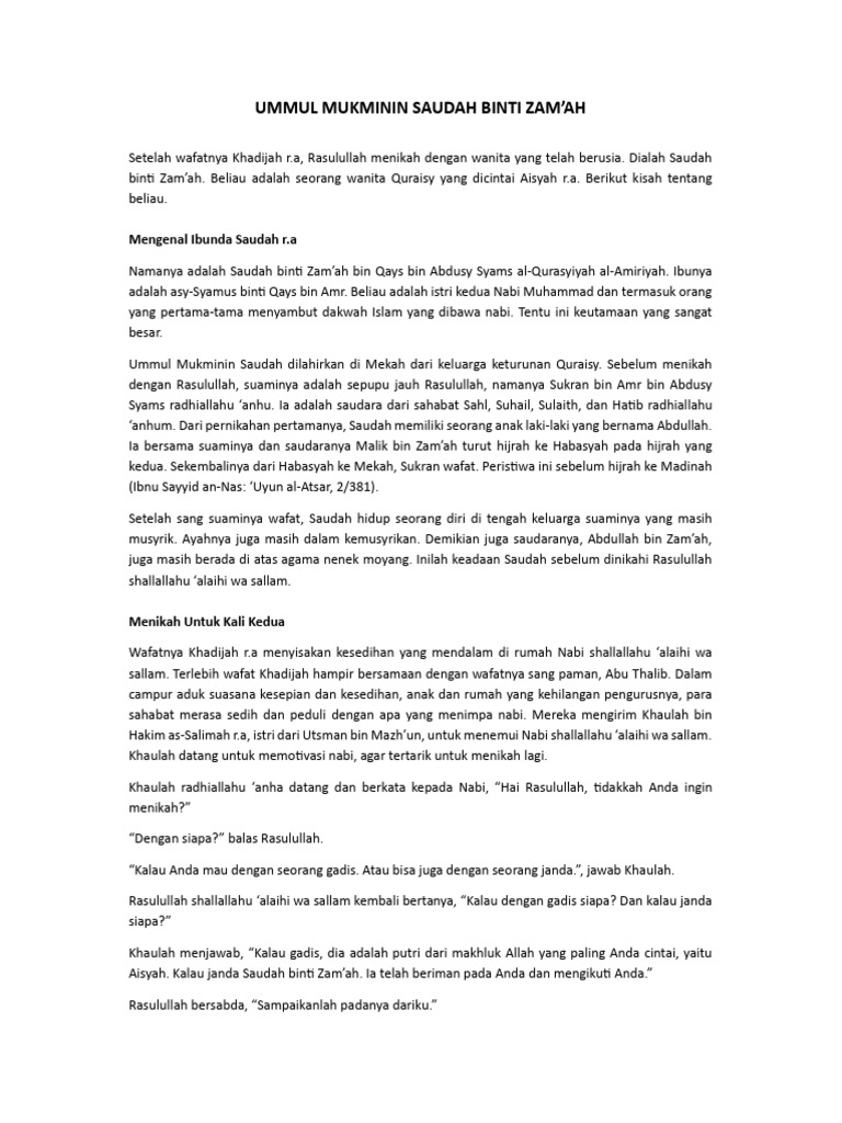 Kisah Saudah Binti Zam'ah | PDF