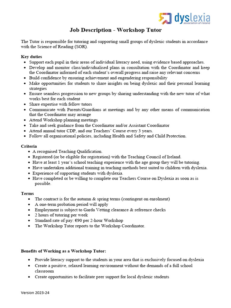Job Description Tutor 2023 24 FINAL | PDF | Dyslexia | Teachers