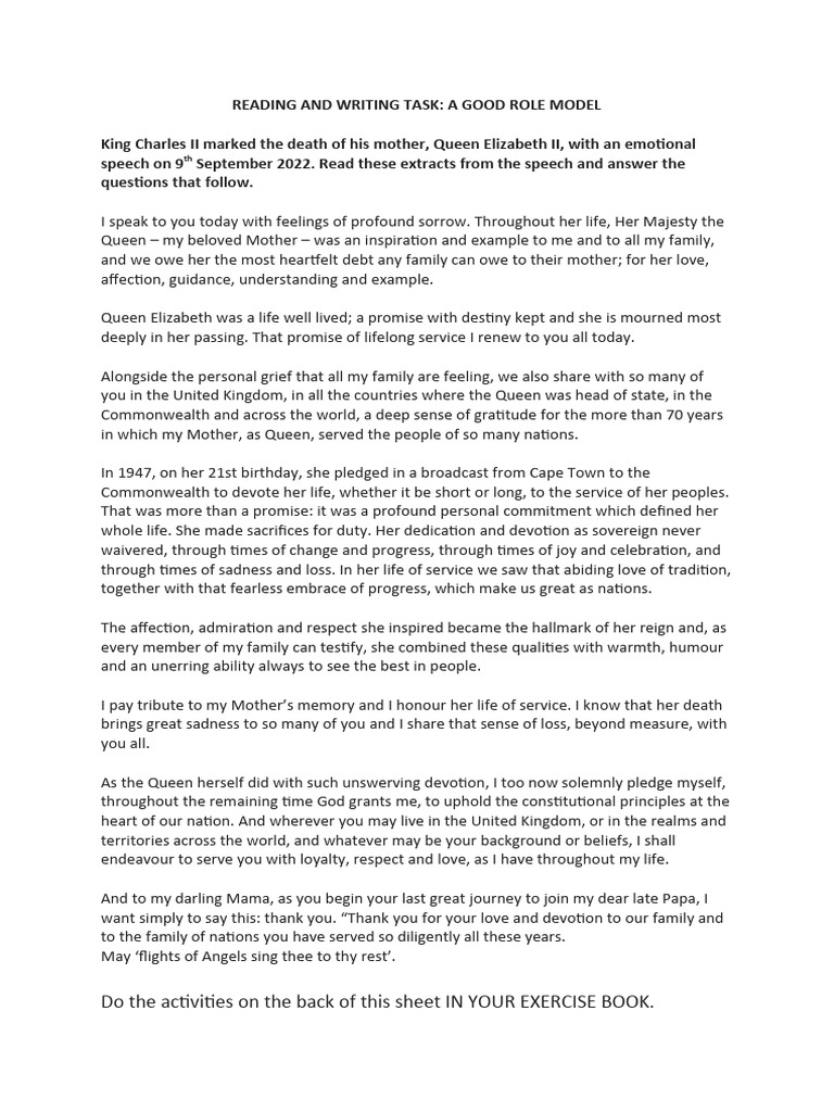 Reading - Writing Task - A Good Role Model | PDF | Elizabeth Ii | Love