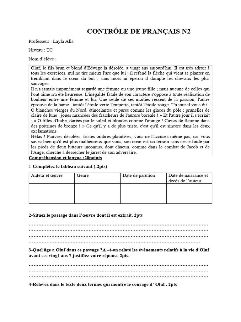 Contrôle de Français n2 Tronc Commun Avril | PDF