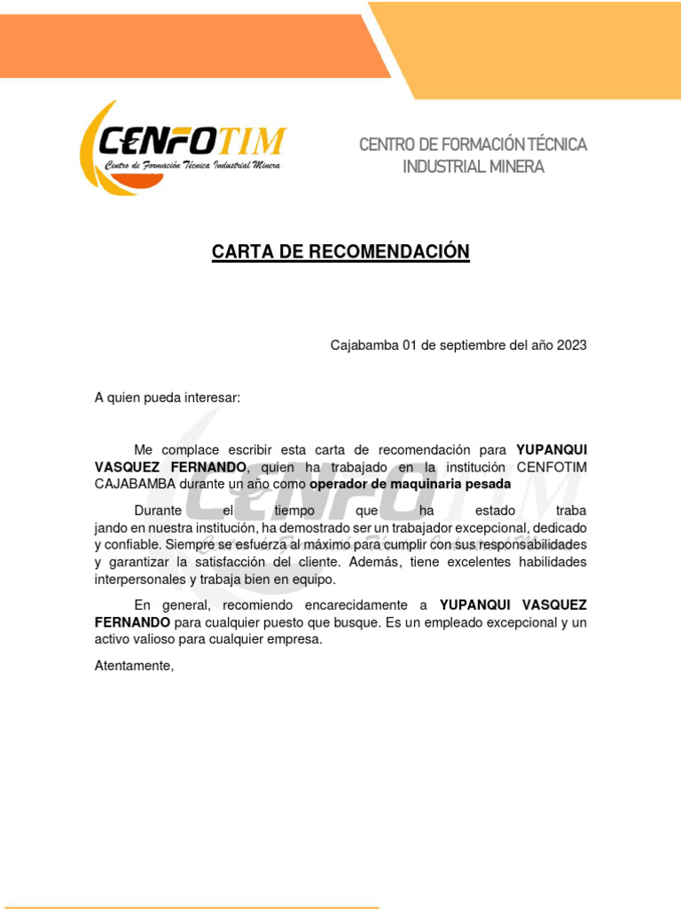Carta de Recomendación Laboral Sencilla | PDF