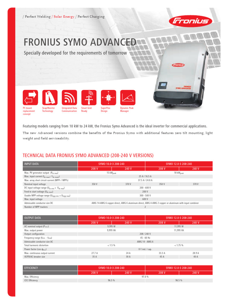Ficha Tecn Inversores Fronius Symo Advance | PDF | Alternating Current ...