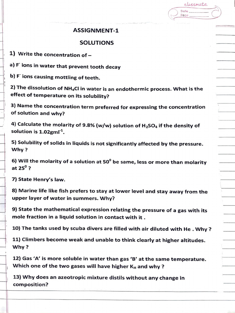Solutions - Assignment 1 | Download Free PDF | Solubility | Physical Chemistry