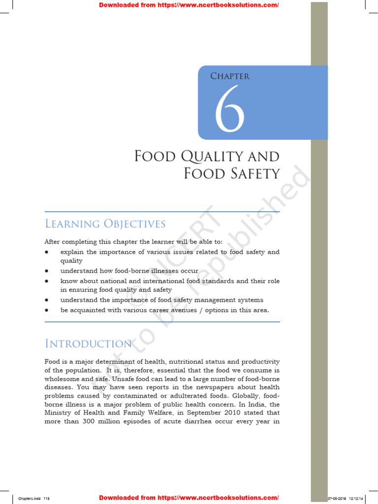 NCERT Class 12 Home Science Chapter 6 Food Quality and Food Safety | PDF | Food Safety ...