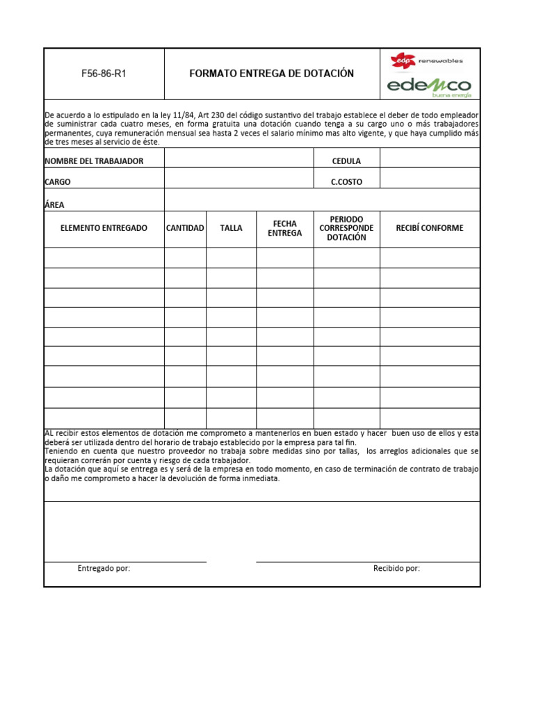 1-Formato Entrega de Dotación | PDF