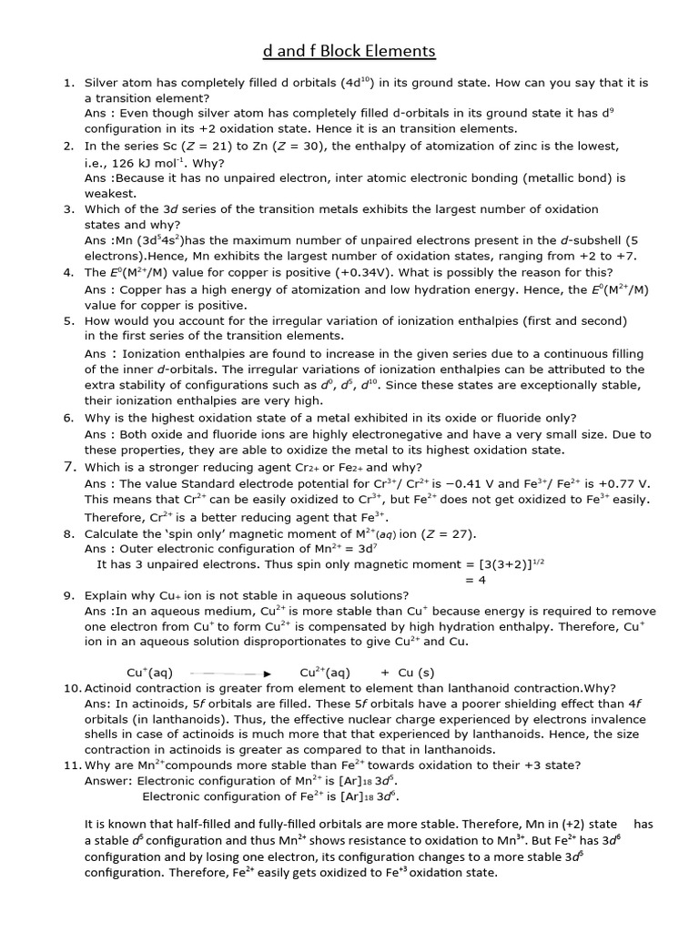 D and F Block Elements With Answers | PDF | Transition Metals | Lanthanide